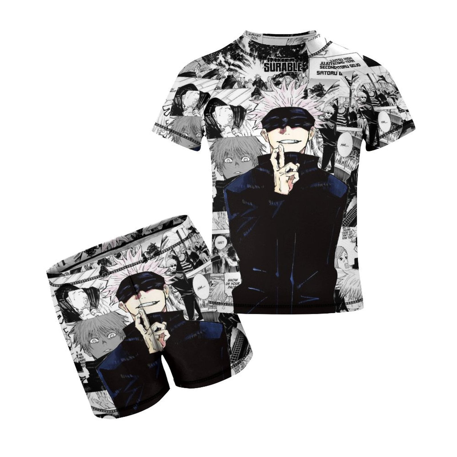 Boys Jujutsu Anime Kaisen Rash Guard Set 2 Piece Swimsuits Short Sleeve ...