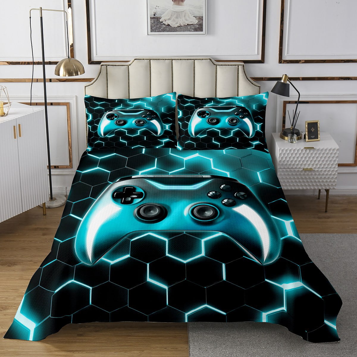 King Size Bedspread Set Gaming Room Decor, Gamer Gamepad Quilt Set for ...