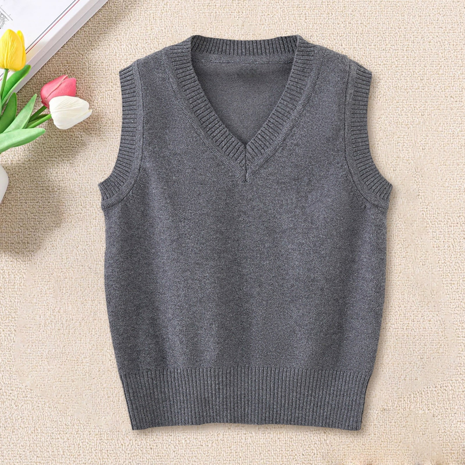 Boys' Knit Vest,Solid Color V-Neck Sleeveless Sweater for Casual ...