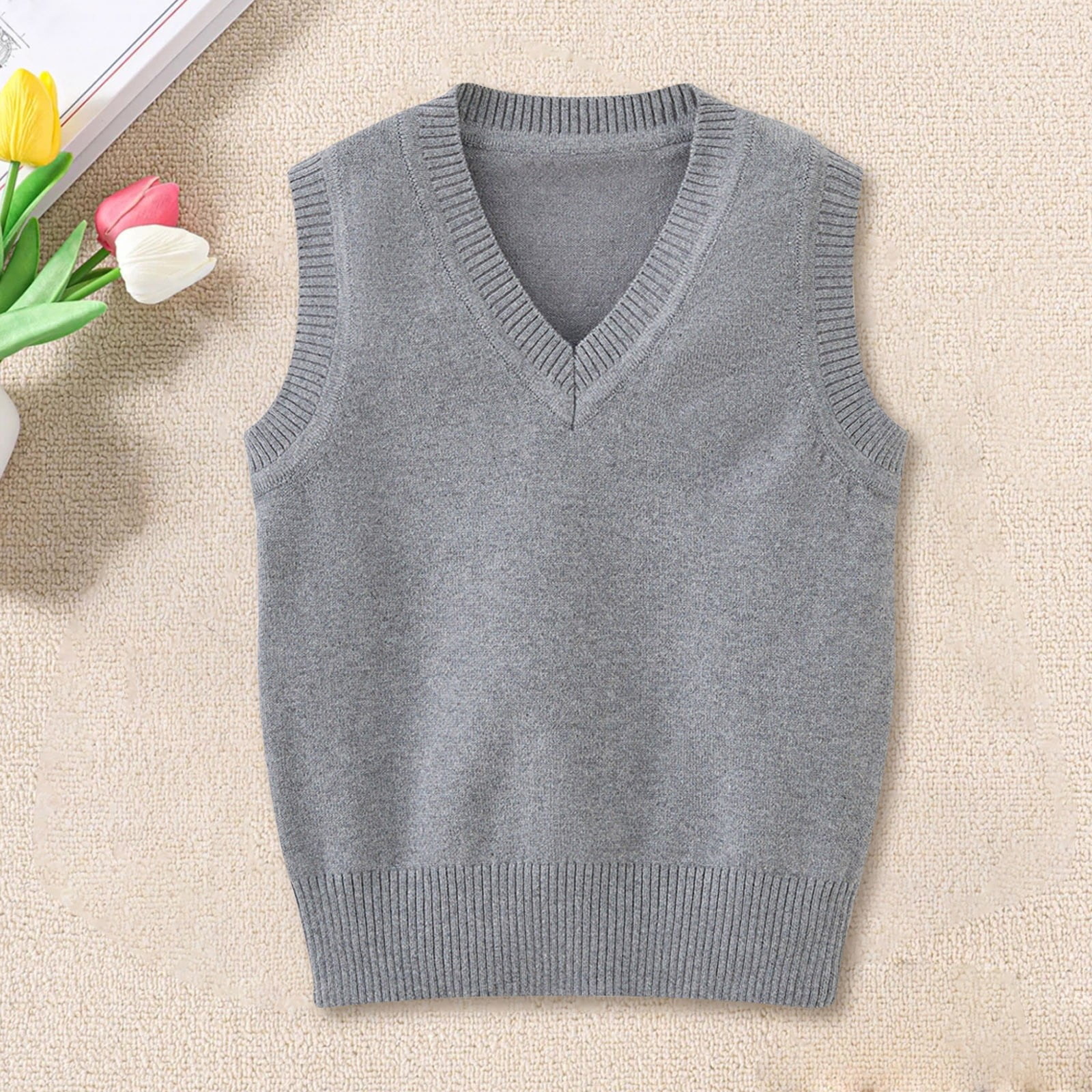 Boys' Knit Vest,Solid Color V-Neck Sleeveless Sweater for Casual ...