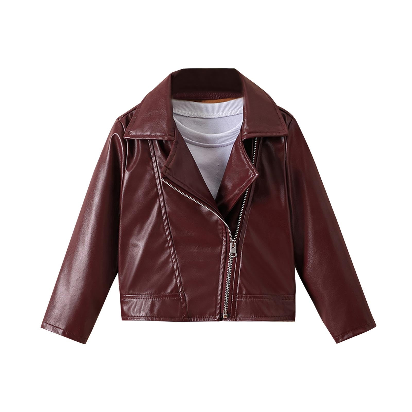 Boys Leather Jackets Full Zip Solid Color Lapel Collar Motorcycle PU ...