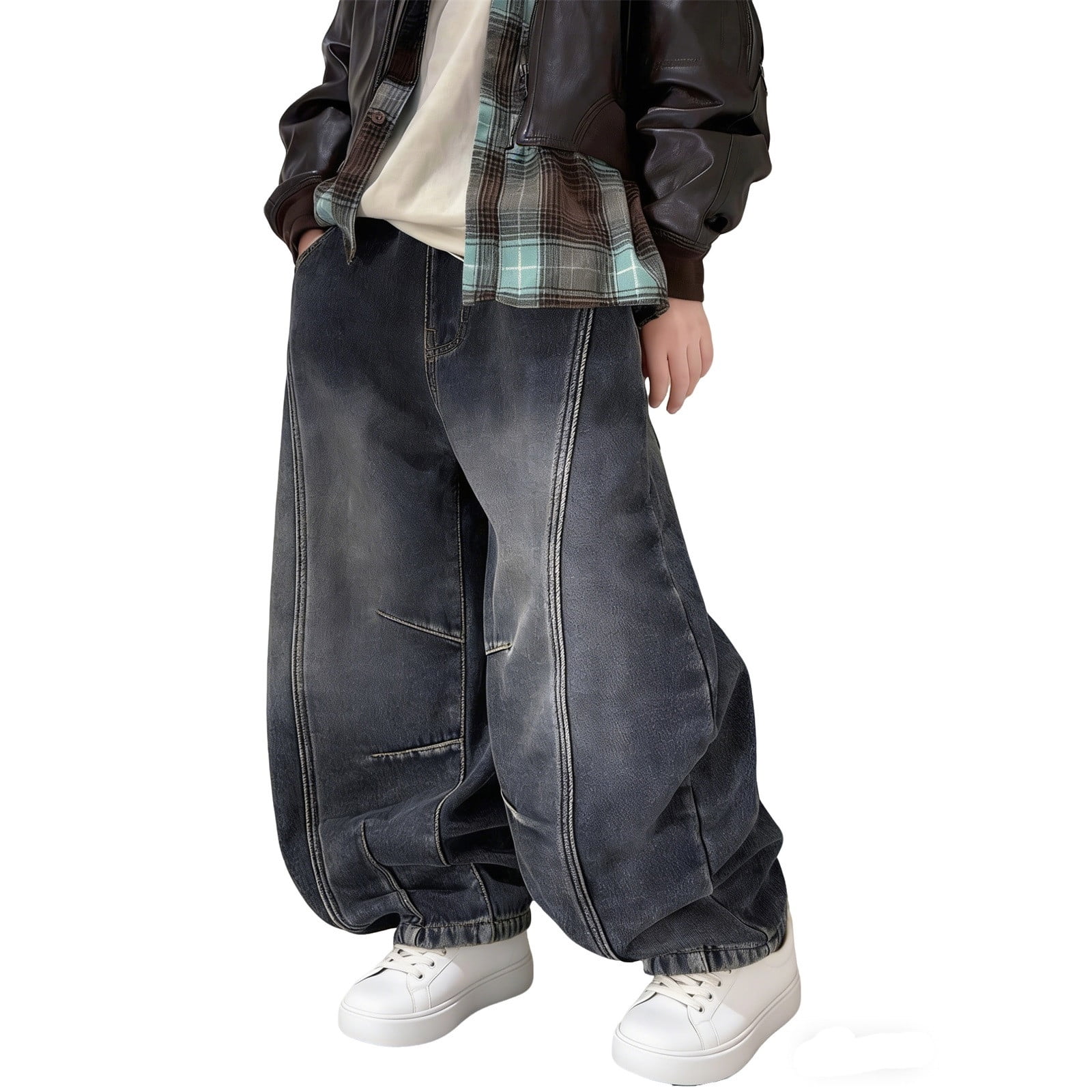 Boys Lined Denim Jeans Winter Warm Thickened Kids Casual Trousers with ...
