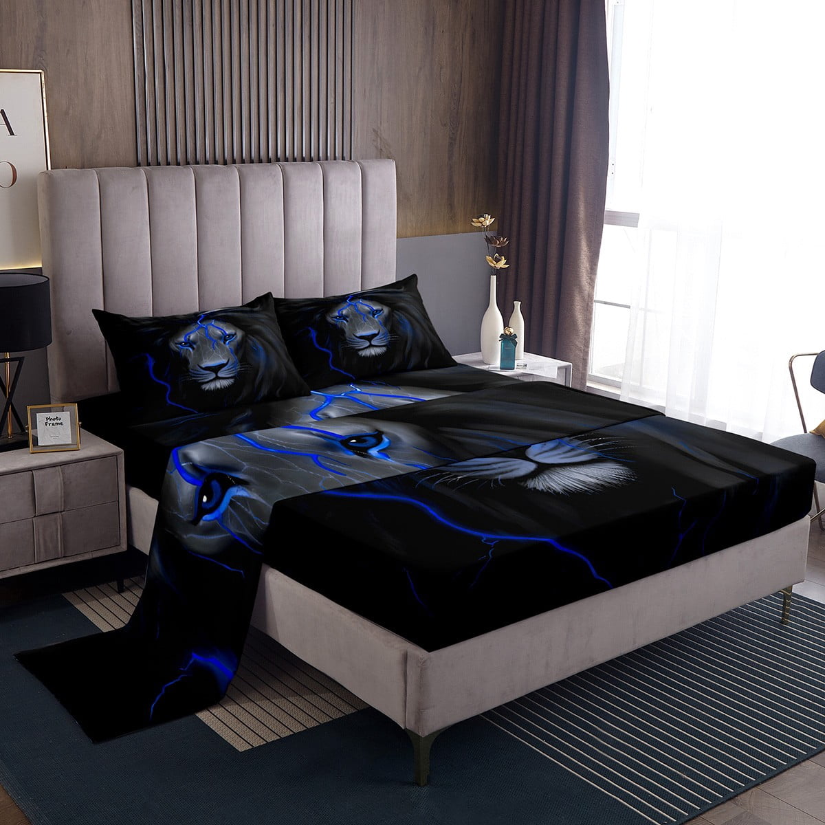 Lion Bedding Set Queen Black Blue Lightning Lion Bed Sheets Teen Men ...