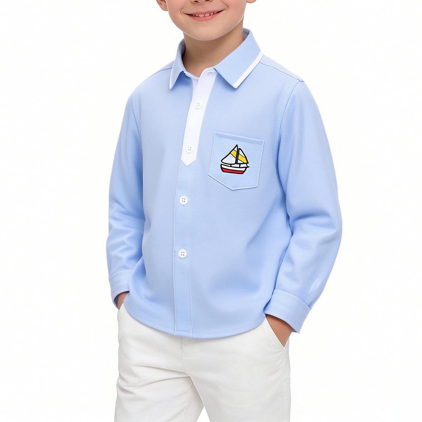 Boys Long Sleeve Button Down Shirt - 100% Cotton Contrast Collar Blue ...
