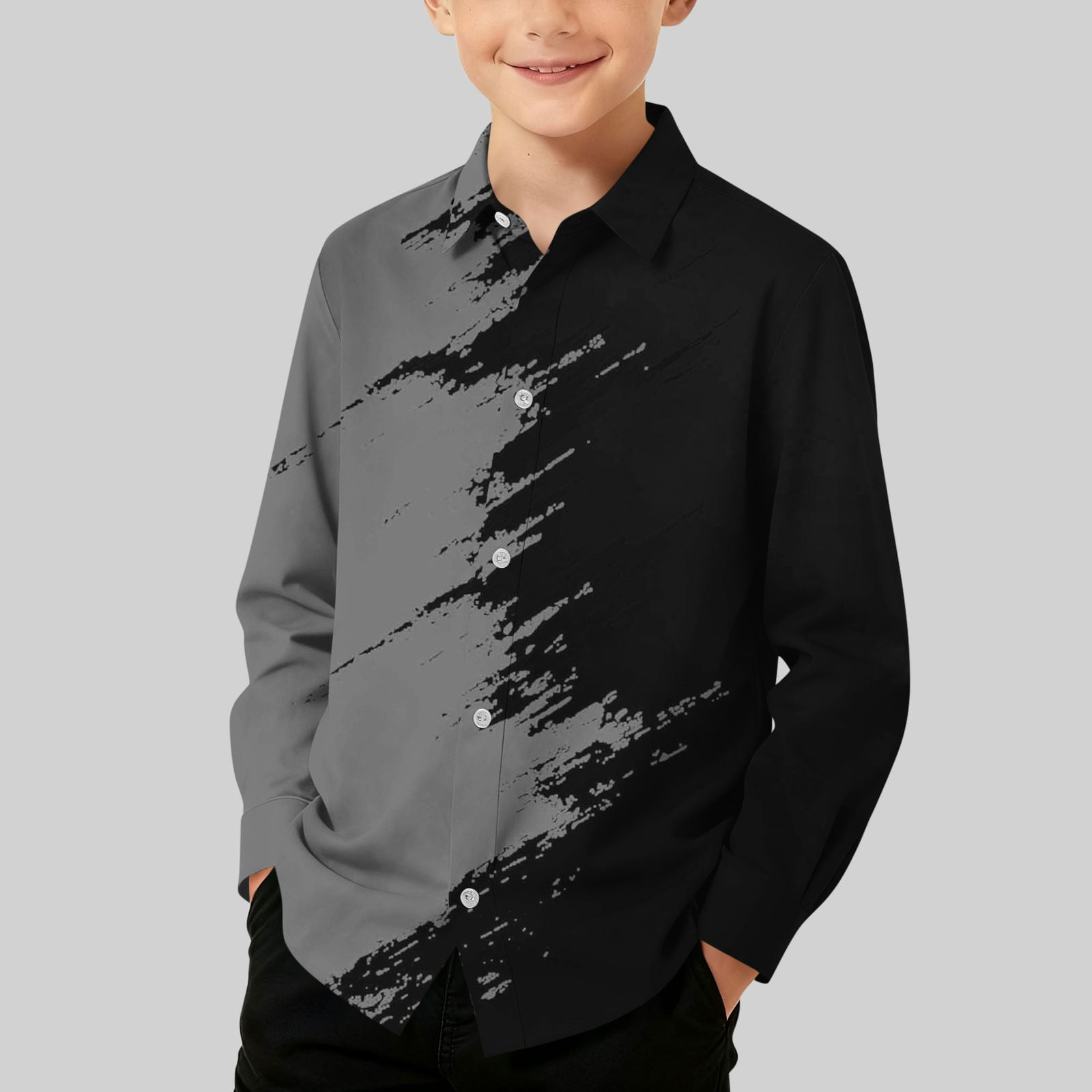 Boys Long Sleeve Button Down Shirt Gray Gradient Print, Kids Stretchy ...