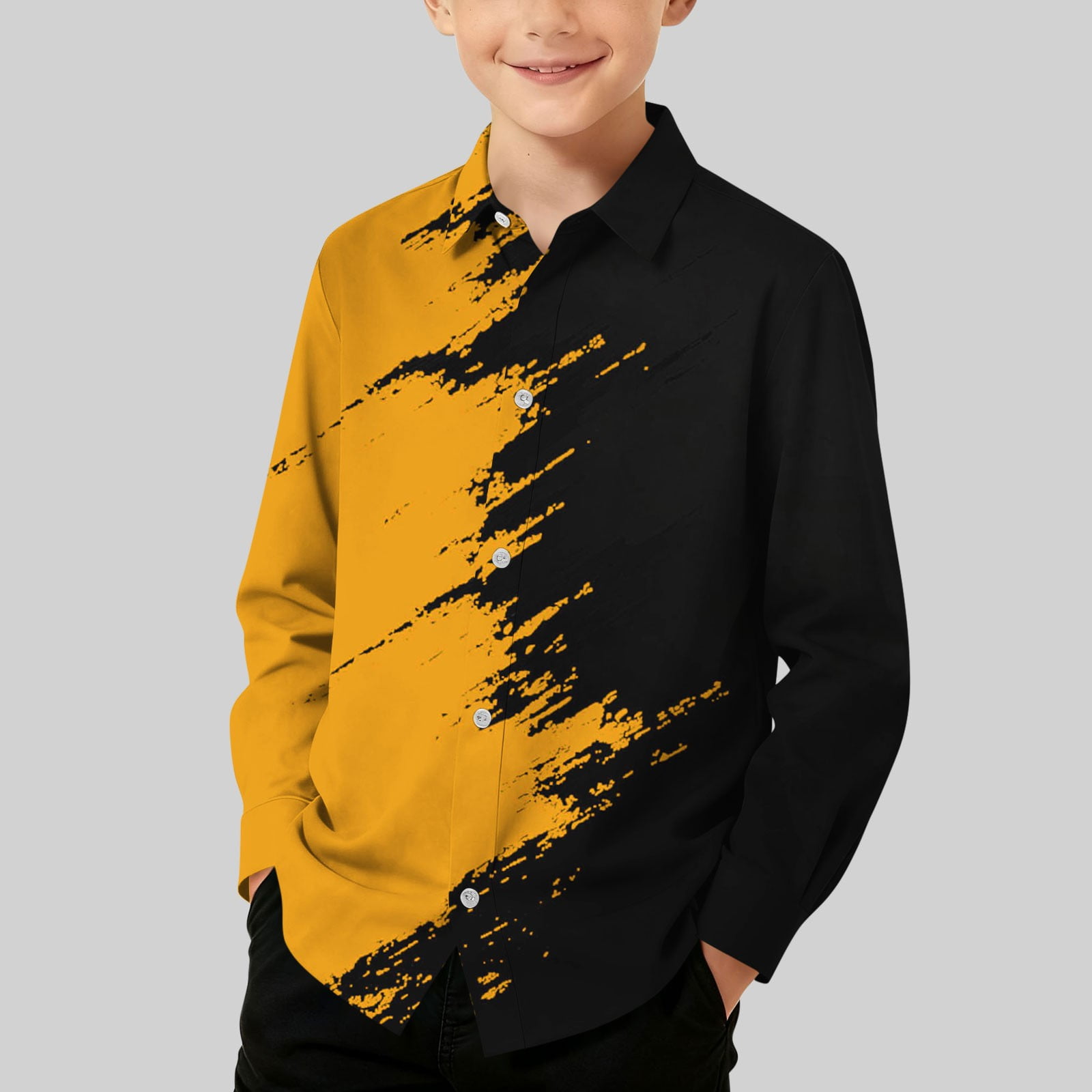 Boys Long Sleeve Button Down Shirt Yellow Gradient Abstract Print, Kids ...
