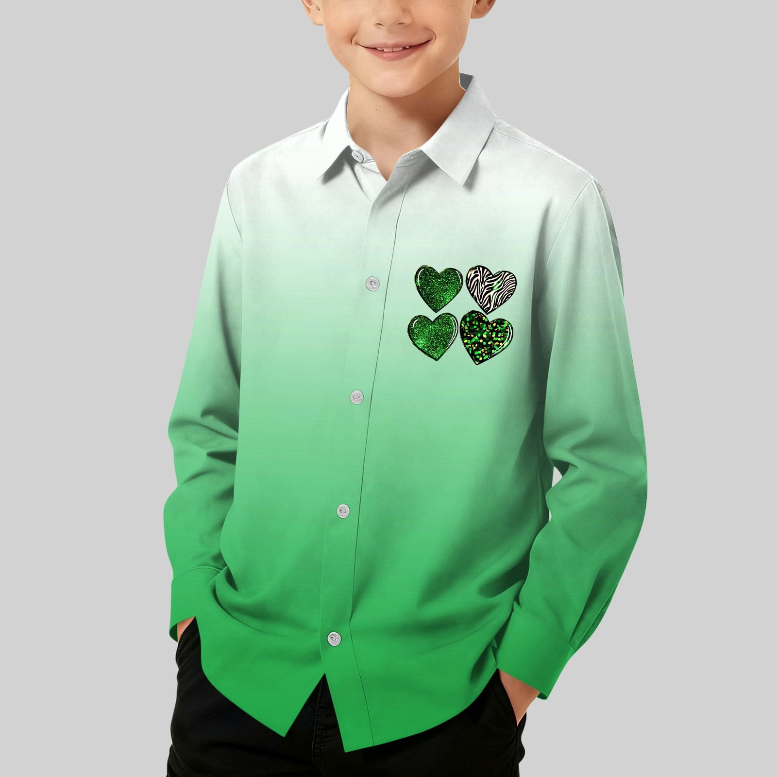 Boys Long Sleeve Button Down Shirt with Glitter Hearts, Green Gradient ...