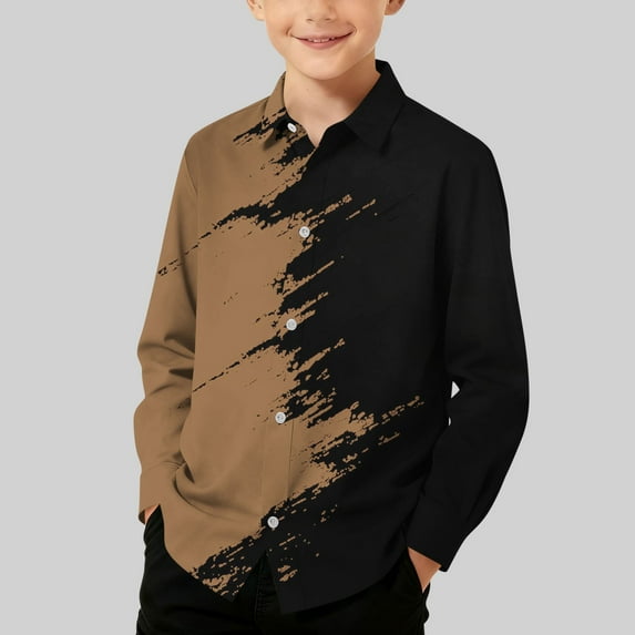 Boys Long Sleeve Button Down Shirt - Brown Gradient Abstract Print for ...