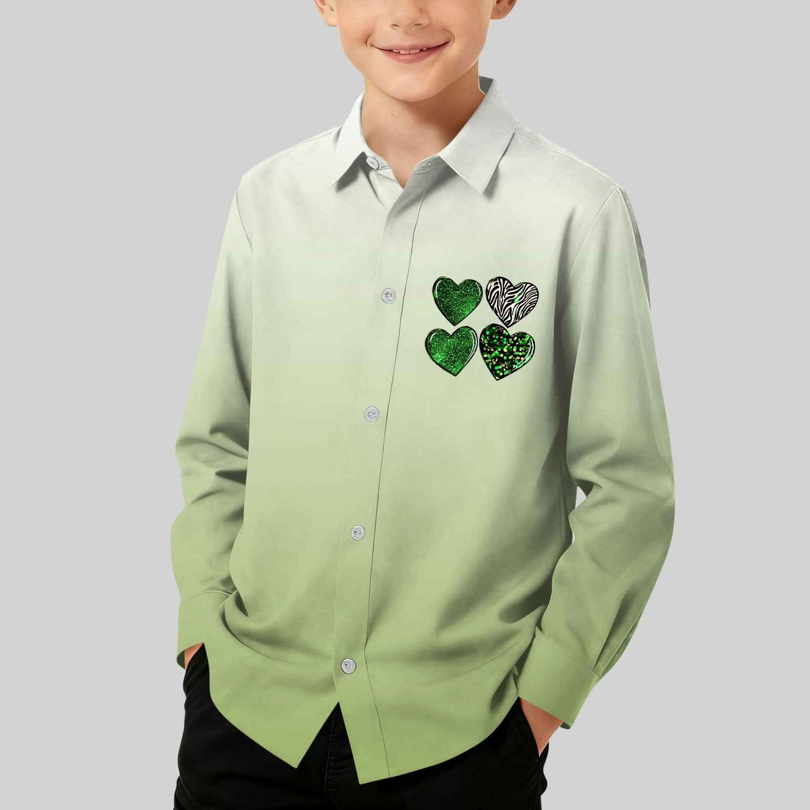 Boys Long Sleeve Button Up Shirt, White Gradient Kids Top with Glitter ...