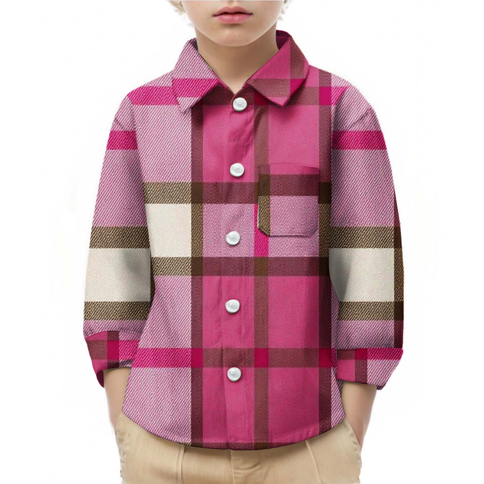Boys Long Sleeve Casual Shirt Lattice Pocket Print, Soft Breathable ...