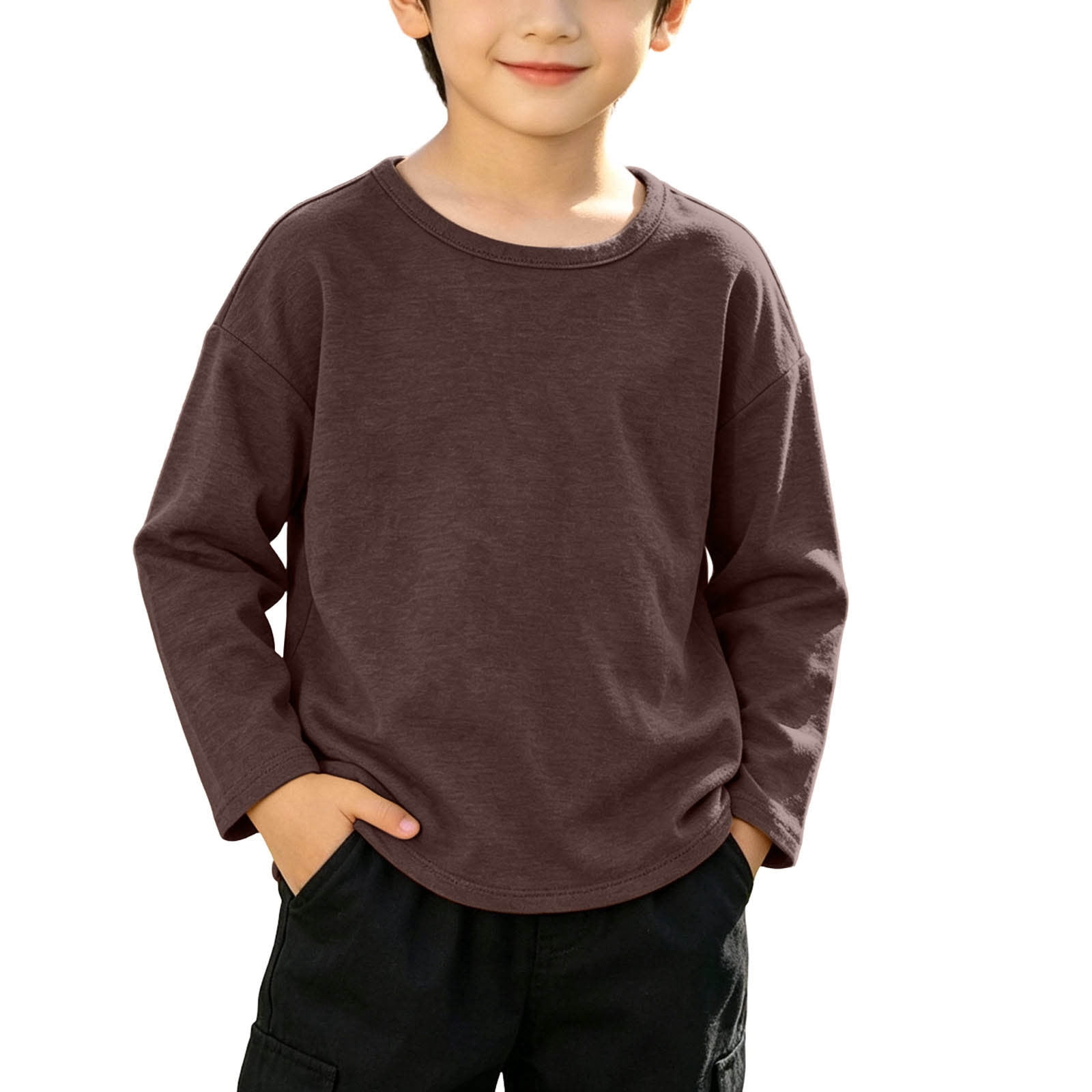 Boys Long Sleeve Cotton T-Shirt Solid Coffee Crewneck Oversized Fit ...