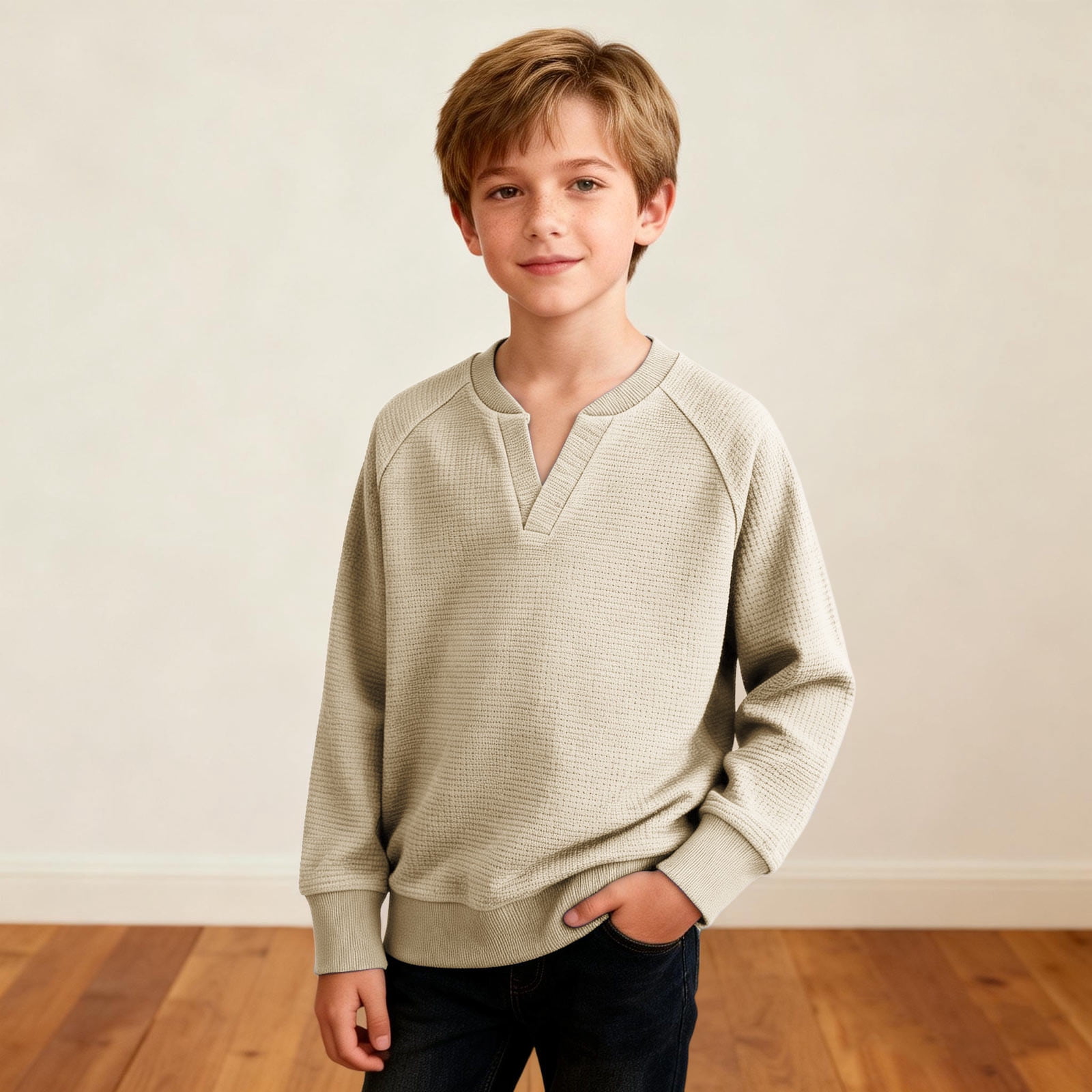 Boys Long Sleeve Henley Shirt - Waffle Knit Soft Beige Top for Kids ...