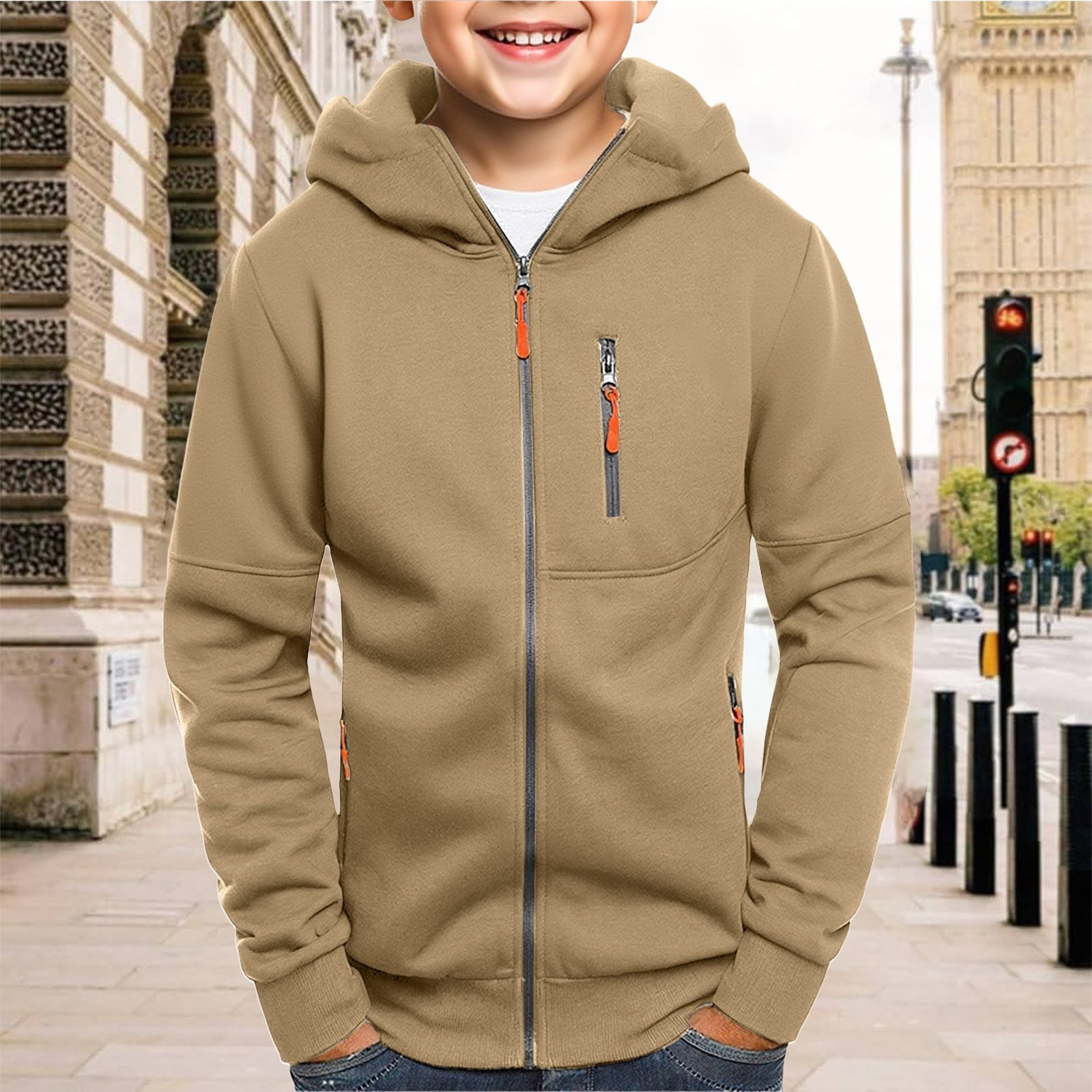 Boys Long Sleeve Hooded Jacket, Full Zip Up Solid Color Casual ...