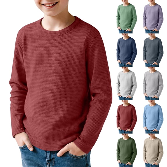 Boys Long Sleeve Shirts Crewneck Kids Waffle Knit T Shirts Boy Thermal ...