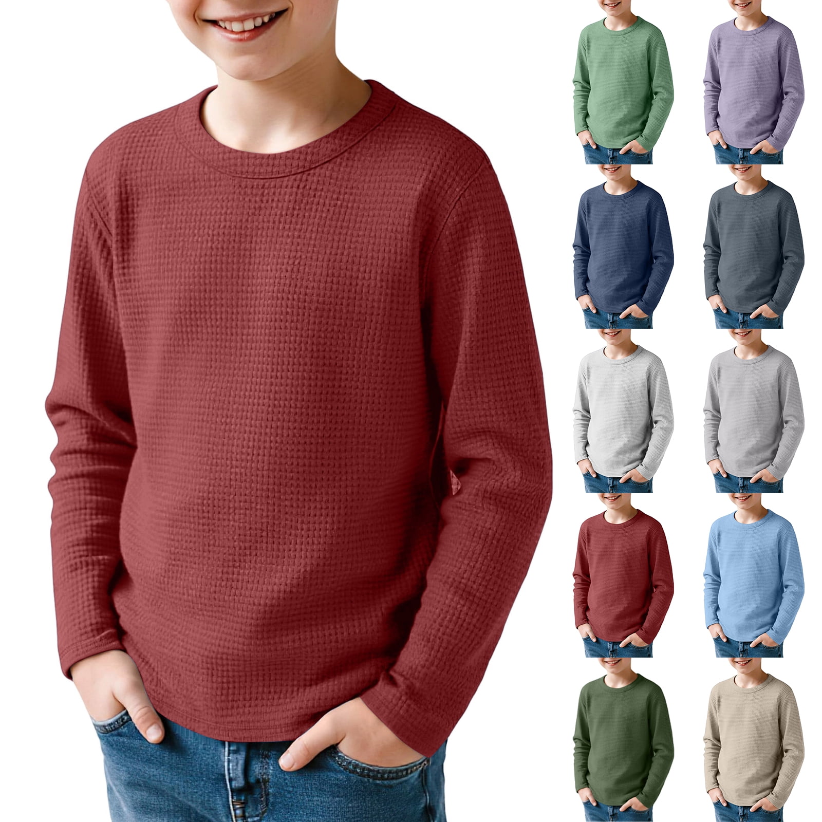Boys Long Sleeve Shirts Crewneck Kids Waffle Knit T Shirts Boy Thermal ...