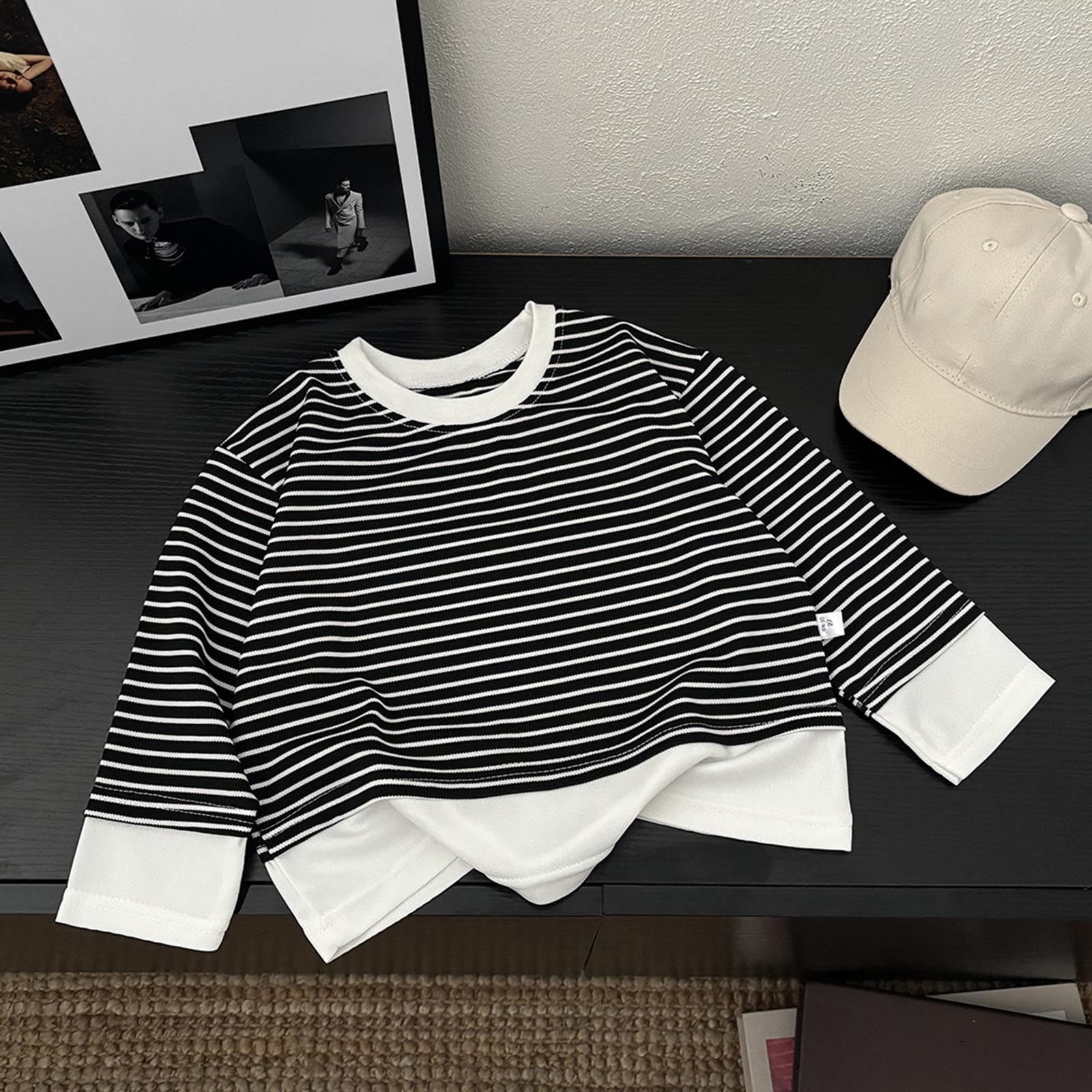 Boys Long Sleeve Striped Shirt - Black Fake Two Piece Top, Soft ...