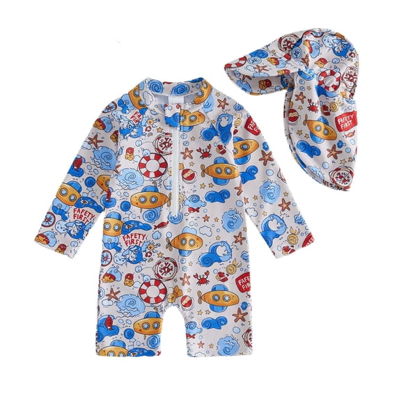 Boys Long Sleeve Swimwear Toddler Piece Swimsuit Hood Upf 50+ Sun ...