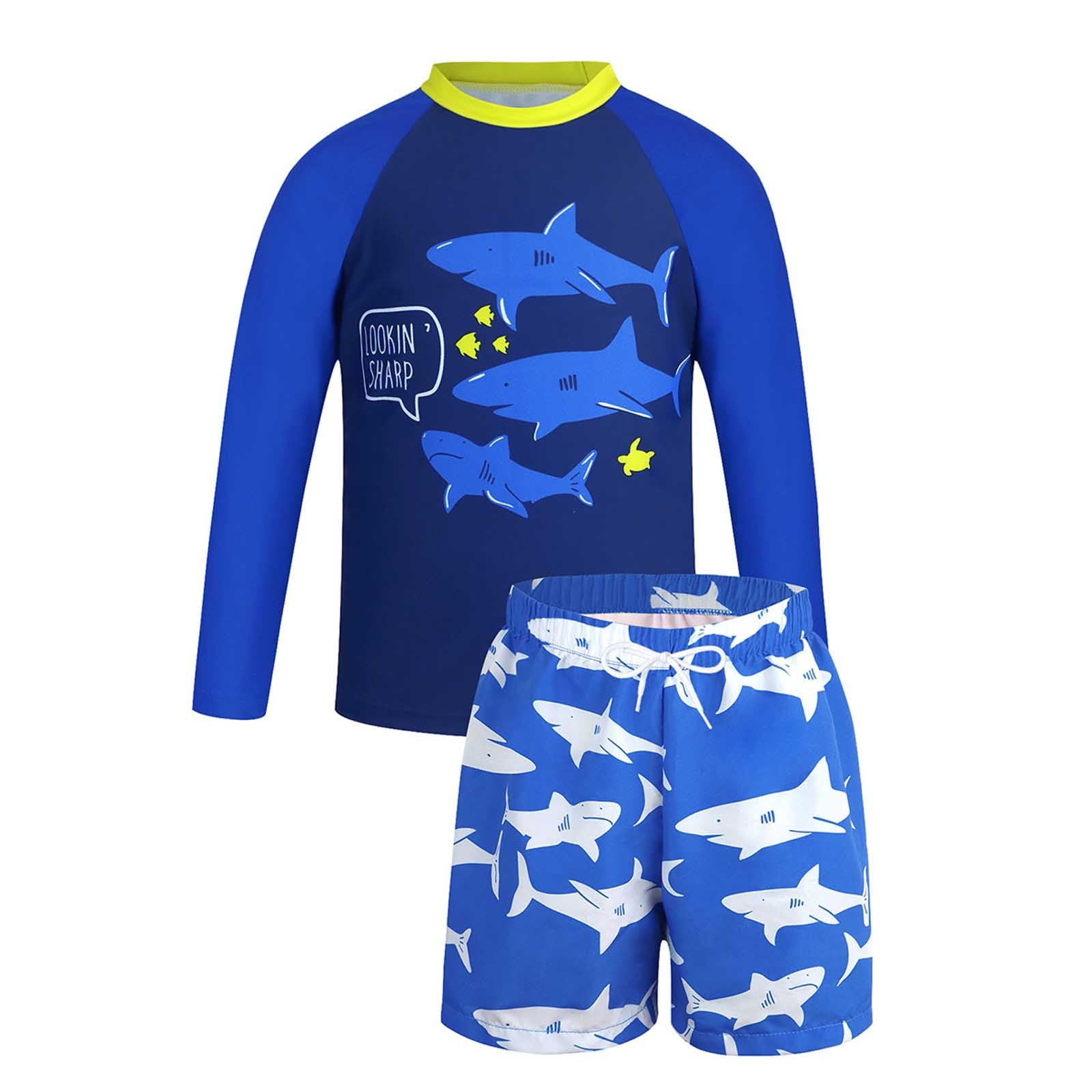 Boys Long Sleeve Two Piece Swimsuit Set Summer Shark Print Cartoon Rash ...