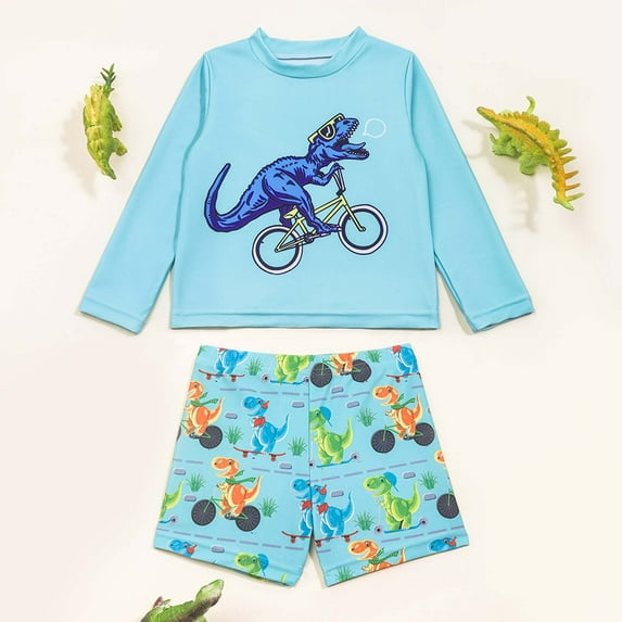 Boys Long Sleeved Dinosaur Shark Print Sun Protection Swimwear Set ...