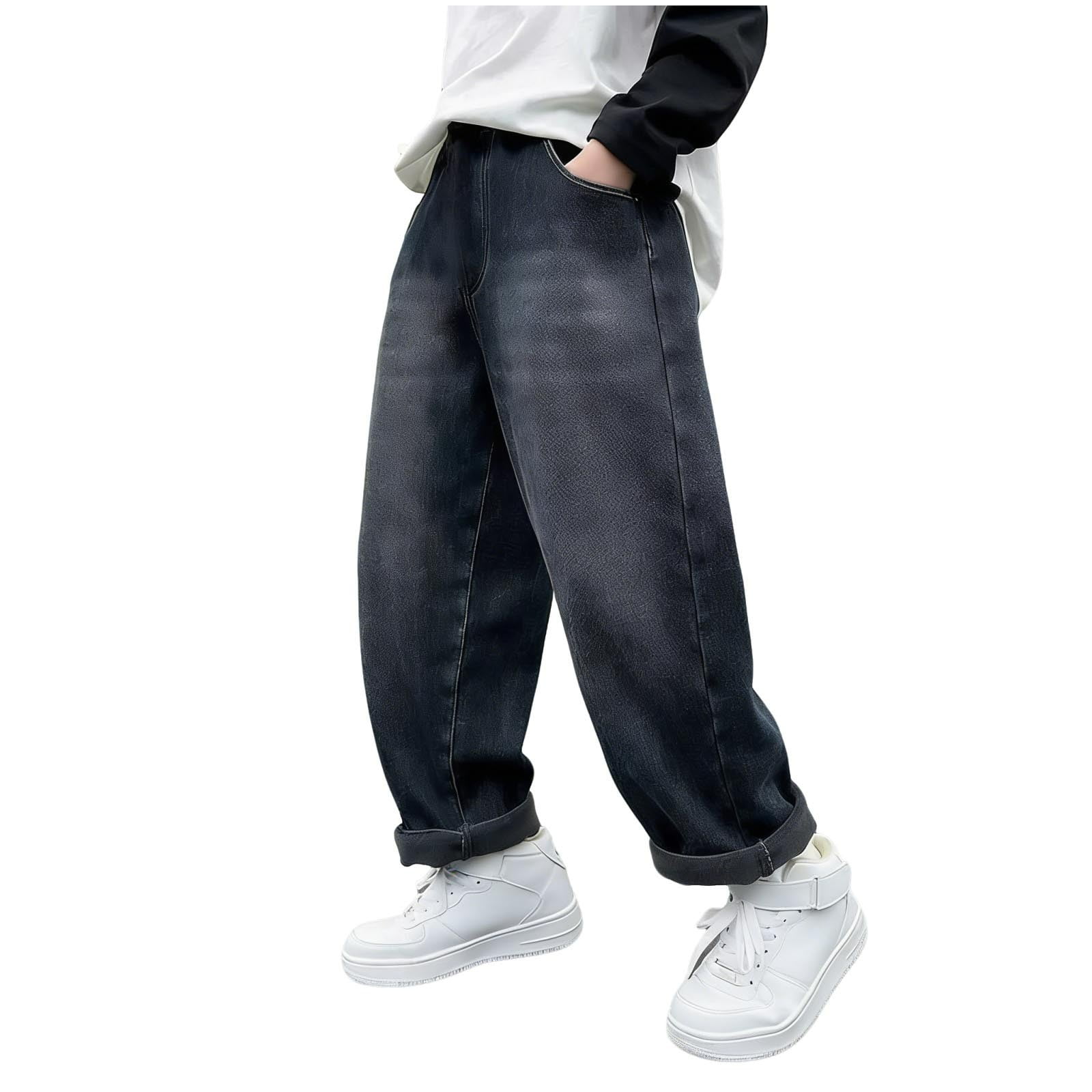 Boys Loose Fit Black Vintage Washed Wide Leg Jeans with Cuffed Hem for ...