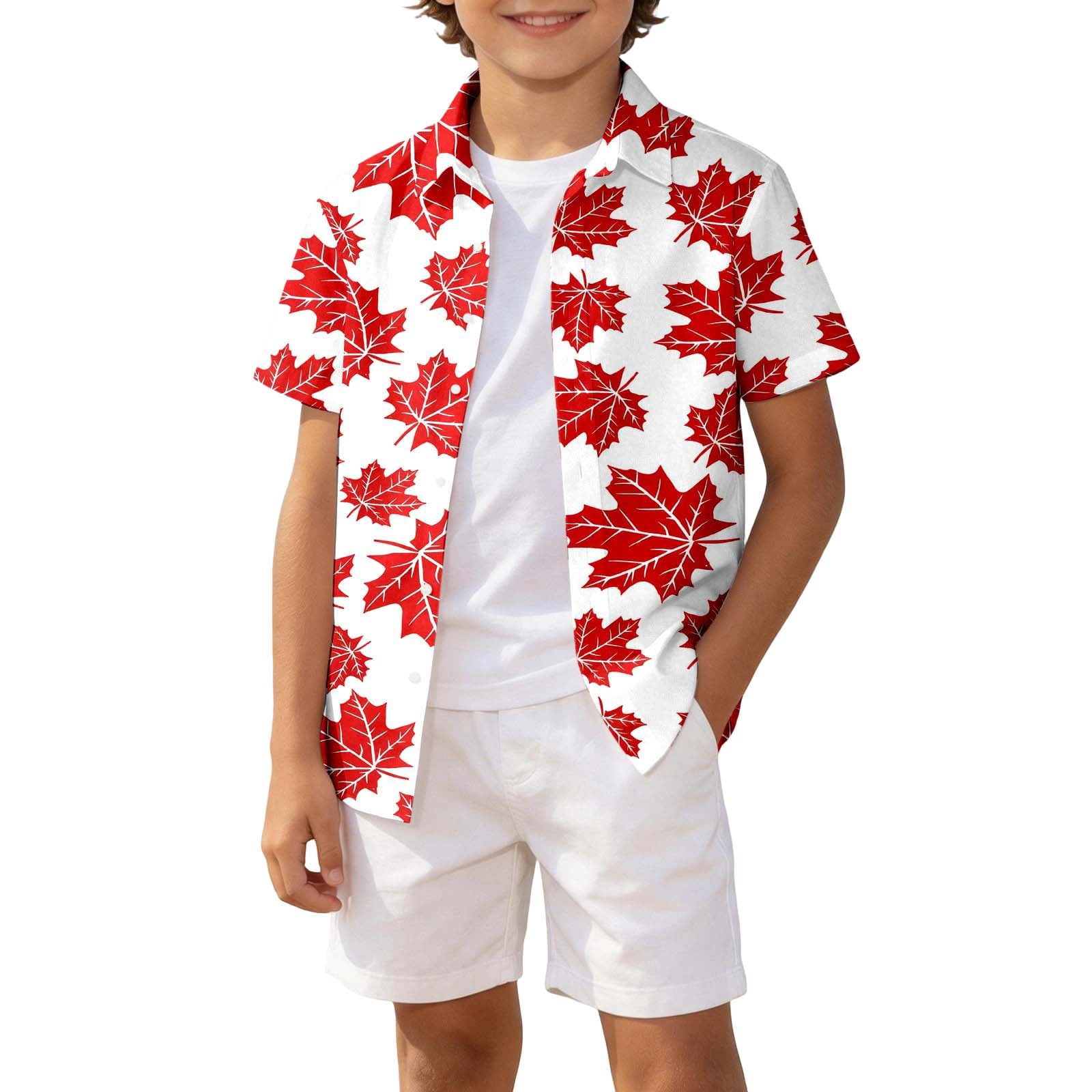 Boys Maple Leaf Print Short Sleeve Button-Down Shirt, Casual Vacation ...