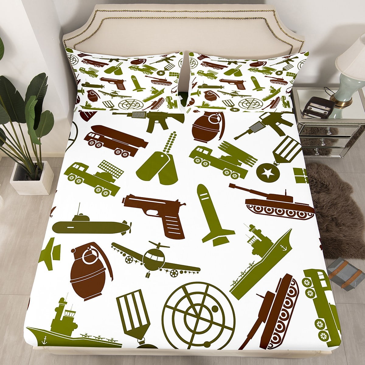Boys Military Technics Queen Size Bed Sheets Army Green Airplane ...