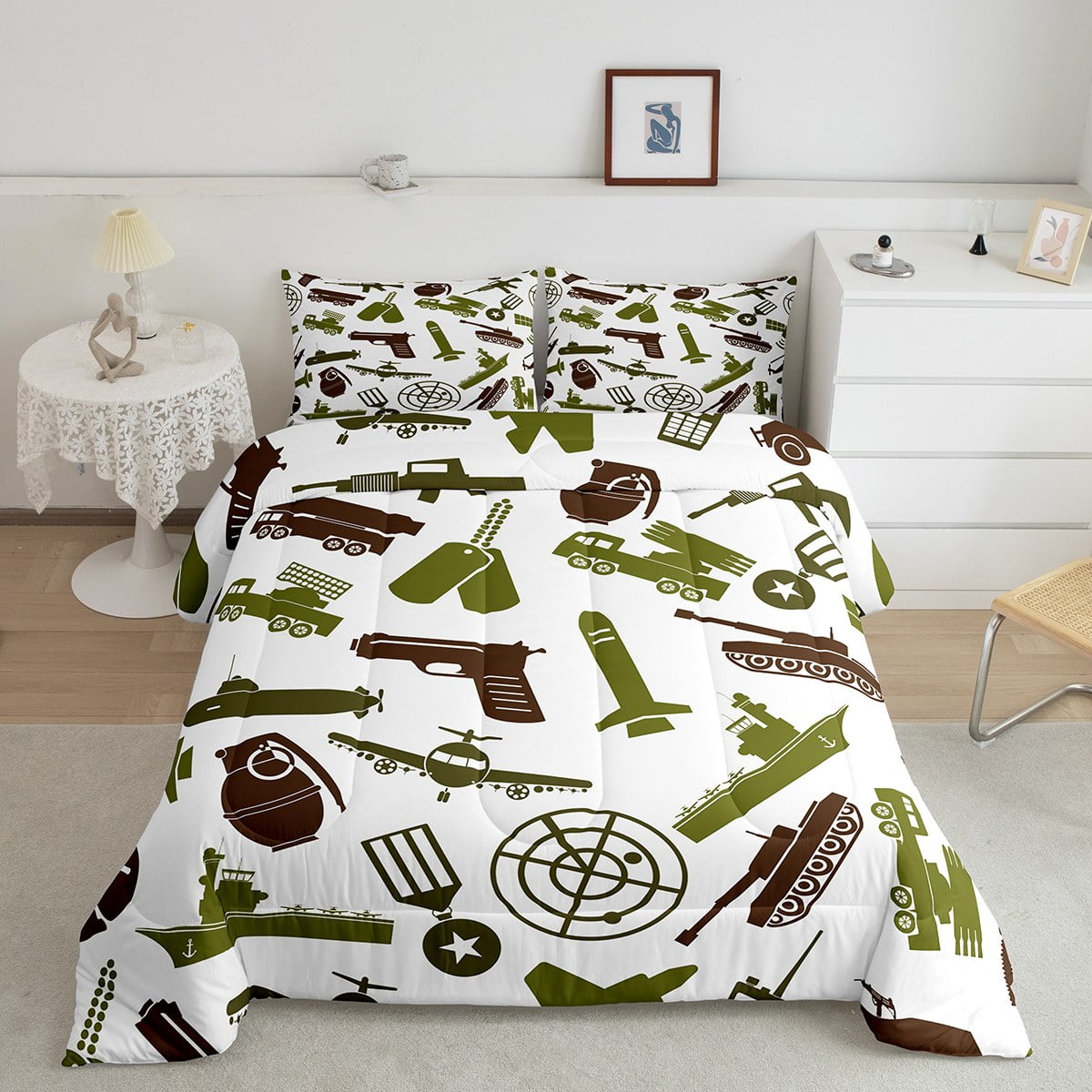 Boys Military Technics Queen Size Comforter Set Army Green Airplane ...