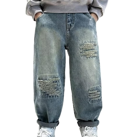 Boys'Multi Ripped Baggy Jeans, Elastic Waist Vintage Washed Loose Denim ...