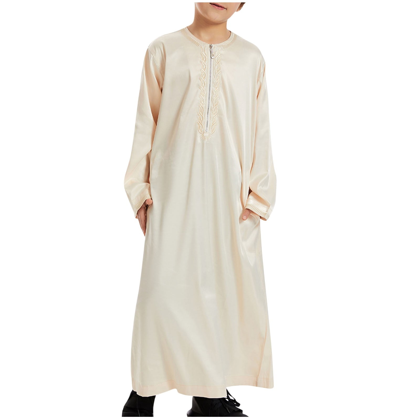Boys Muslim Abayas Robe Slik 1/4 Zipper Girls Maxi Modest Dresses with ...