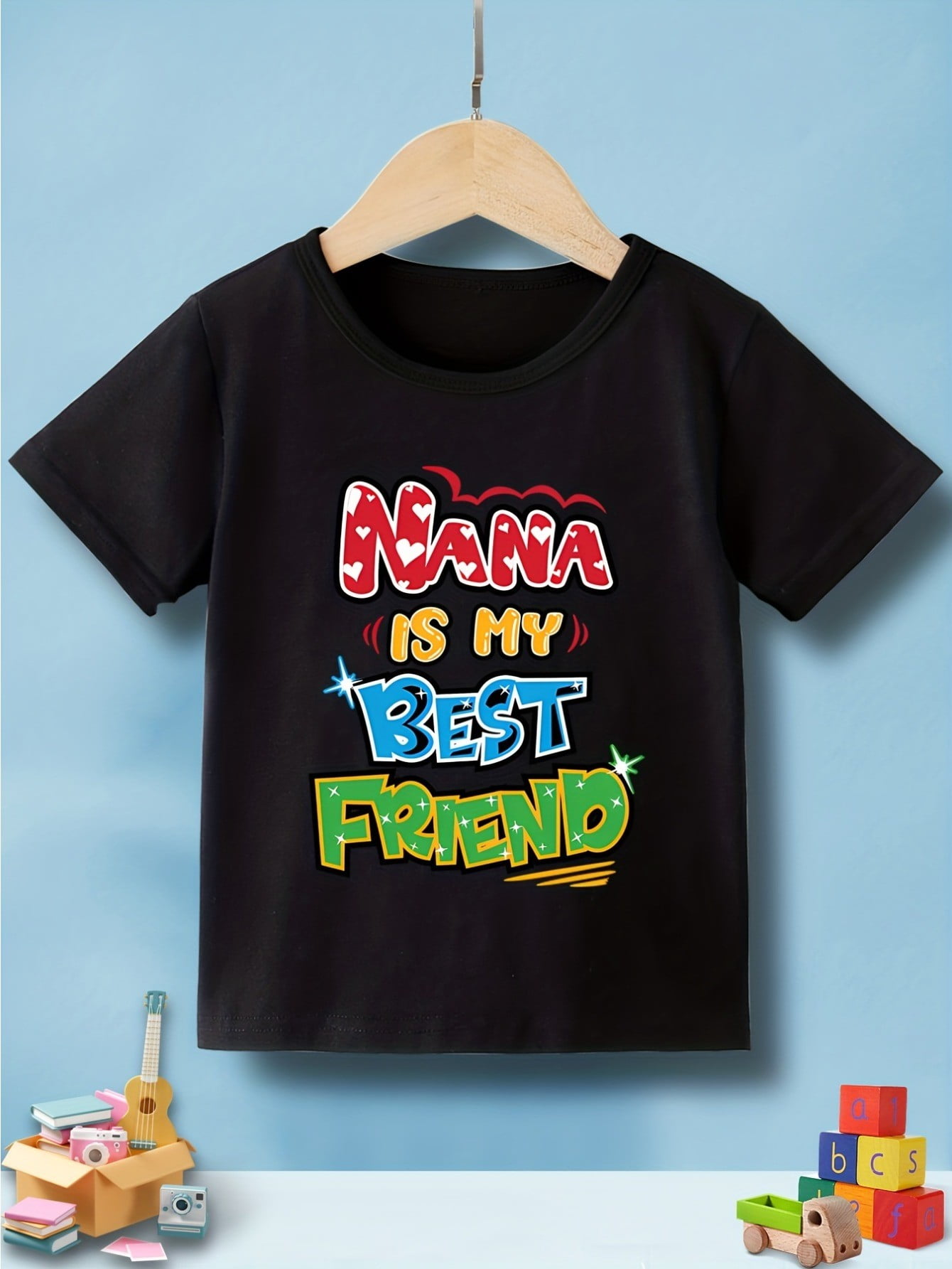 Boys' "Nana is My Best Friend" Graphic T-Shirt - Casual Black Cotton Tee with Colorful Lettering ...
