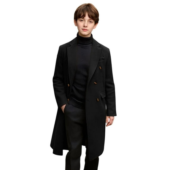 Boys Notch Lapel Peacoat Single Breasted Wool Blend Long Trench Coat ...