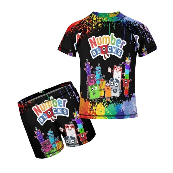 Boys Number Cartoon Show Block Rash Guard Set 2 Piece Swimsuits Short ...