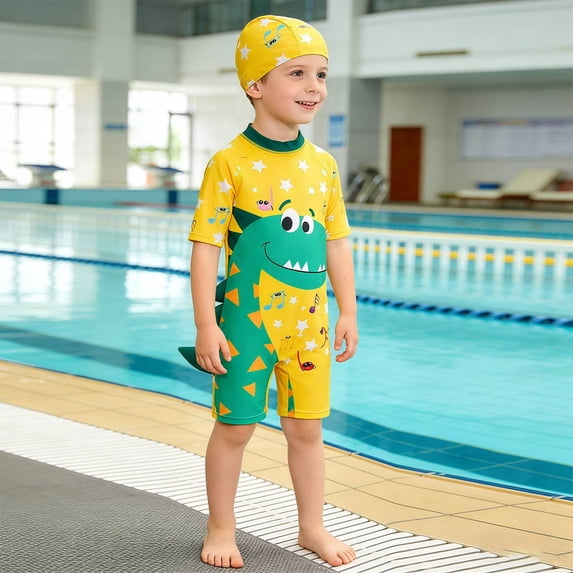 Boys One Piece Fashion Dinosaur Print Short Sleeve Swimsuit with Hood ...