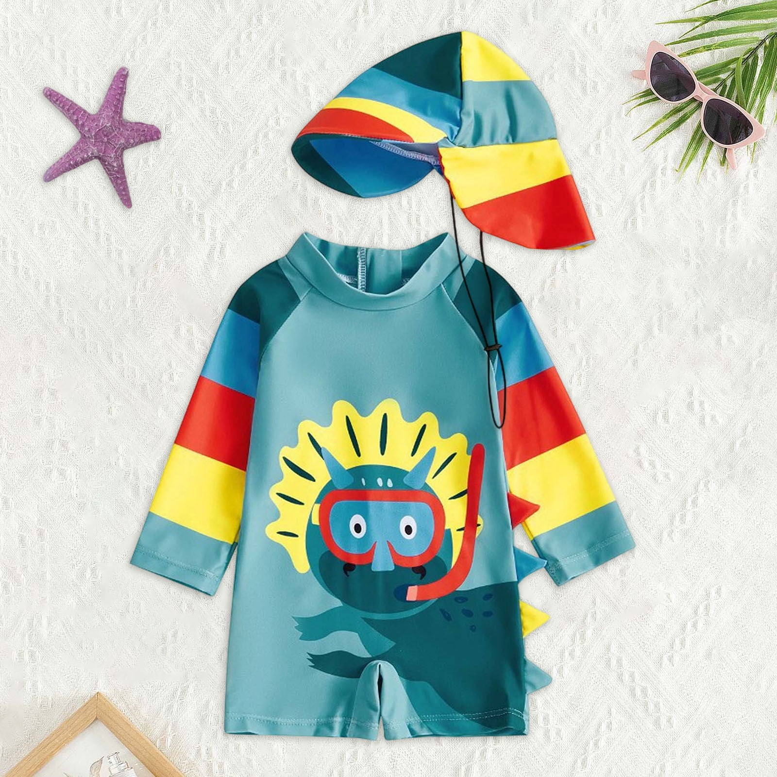 Boys' One Piece Swimsuit Long Sleeved Dinosaur Shark Cartoon One Piece ...