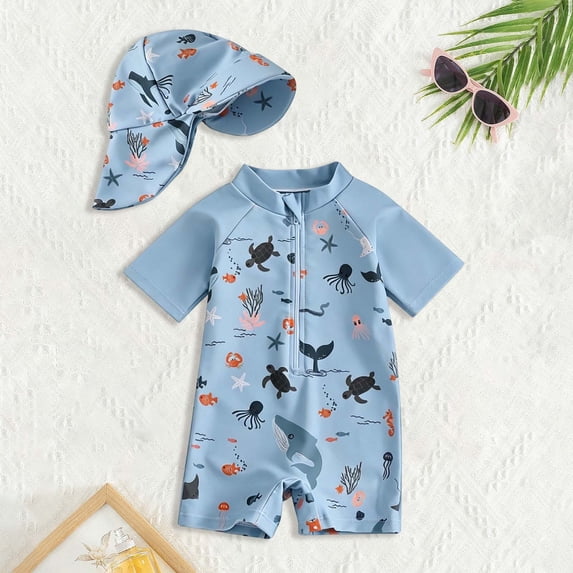 Boys One-Piece Swimsuit with Matching Sun Hat – Short Sleeve Marine ...