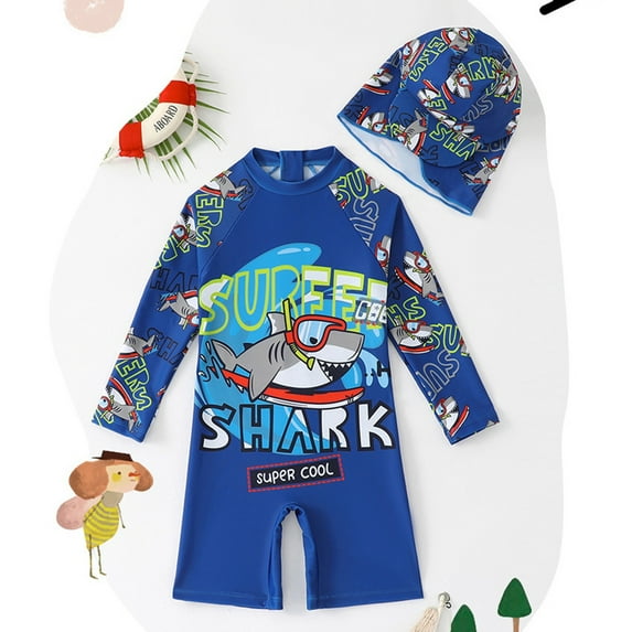 Boys One Piece Swimsuit Shark Pattern Long Sleeved Sun Protection Surf ...