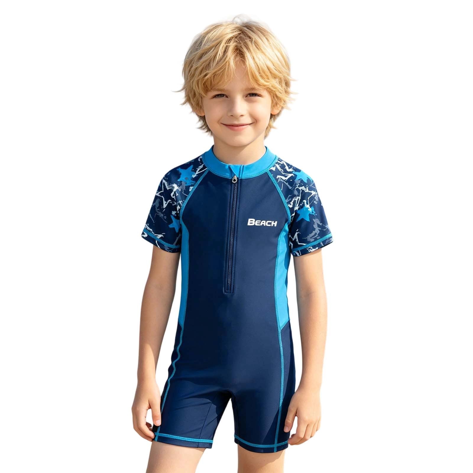 Boys One Piece Swimsuit Short Sleeve Rashguard, UPF 50+ Zip Up Sun Suit ...