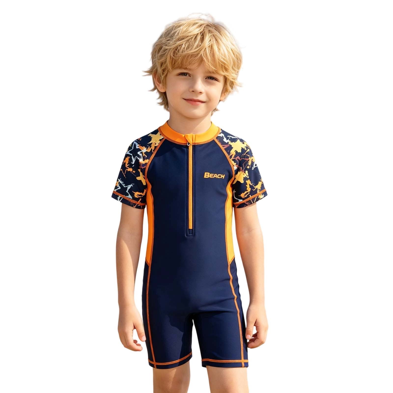 Boys One Piece Swimsuit Short Sleeve Training Swimwear with Zipper UPF ...