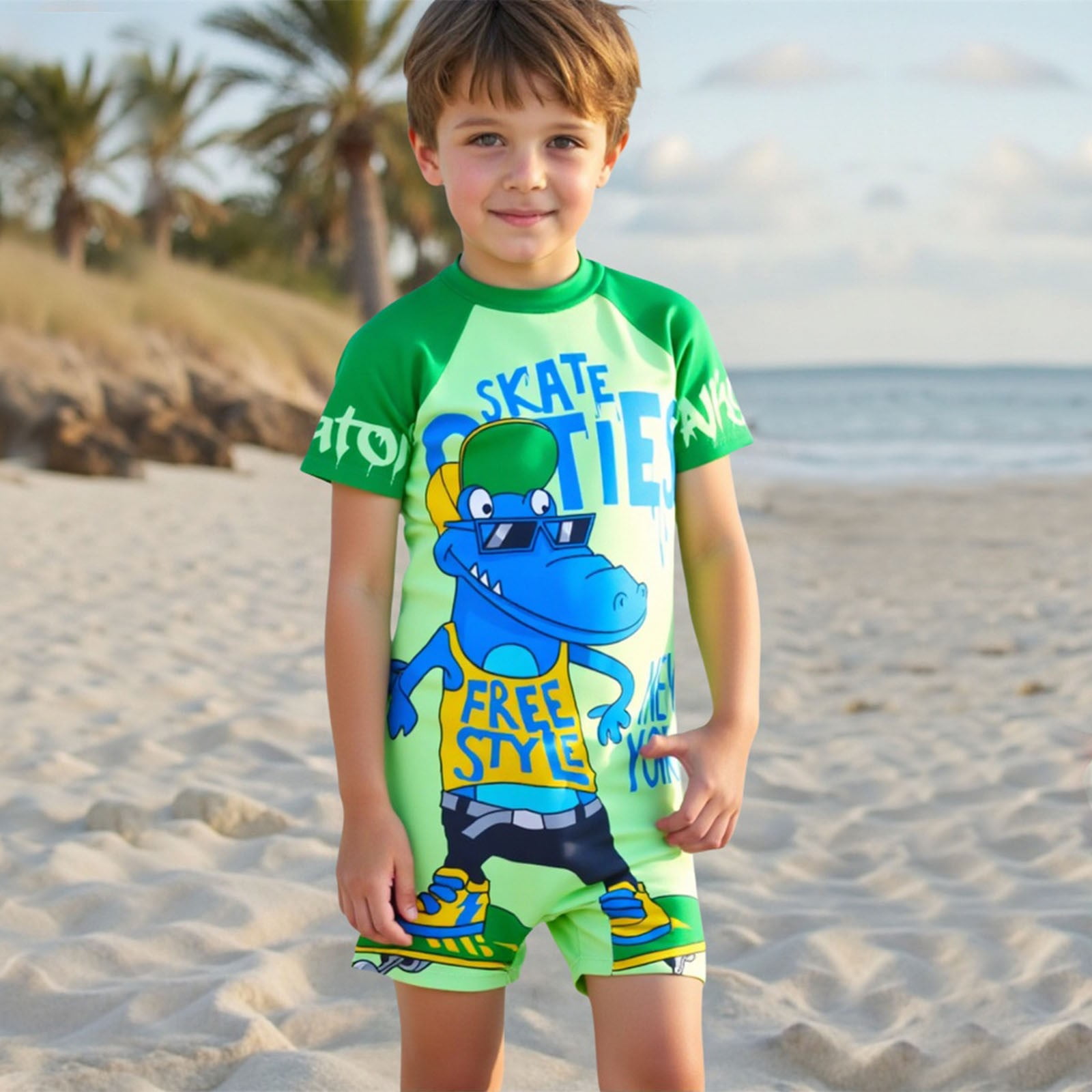 Boys' One Piece Swimsuit Short Sleeved Zip Up Crocodile Print Swimsuit ...