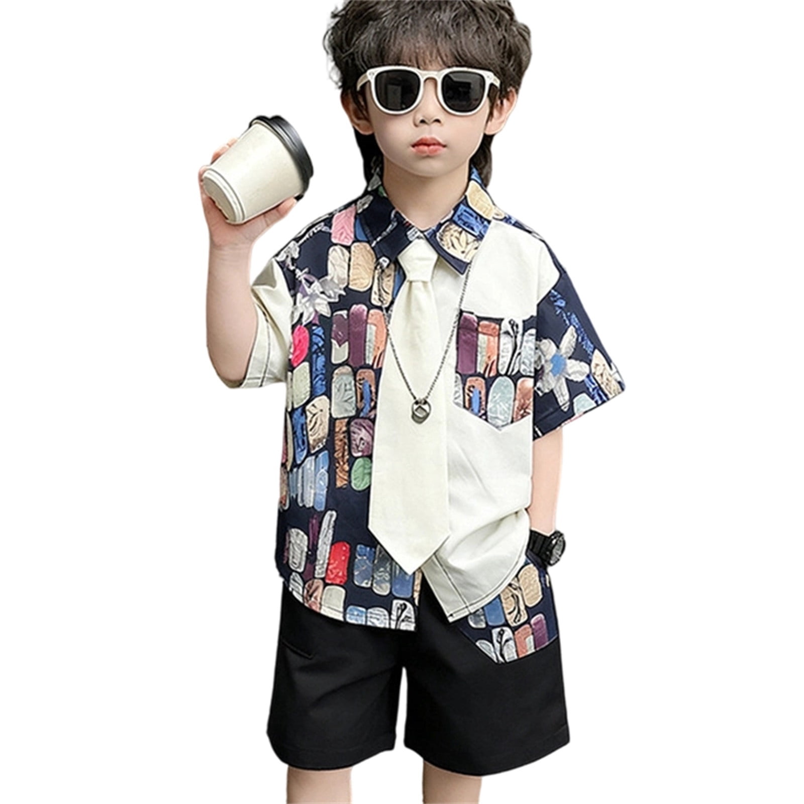 Boys Outfit Sets Cool Short Sleeve Shirt Shorts Necktie Three Piece ...
