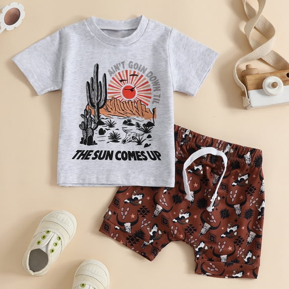 Boys Outfits 2 Piece Crew Neck Cartoon Cow Print Short Sleeve T Shirt ...