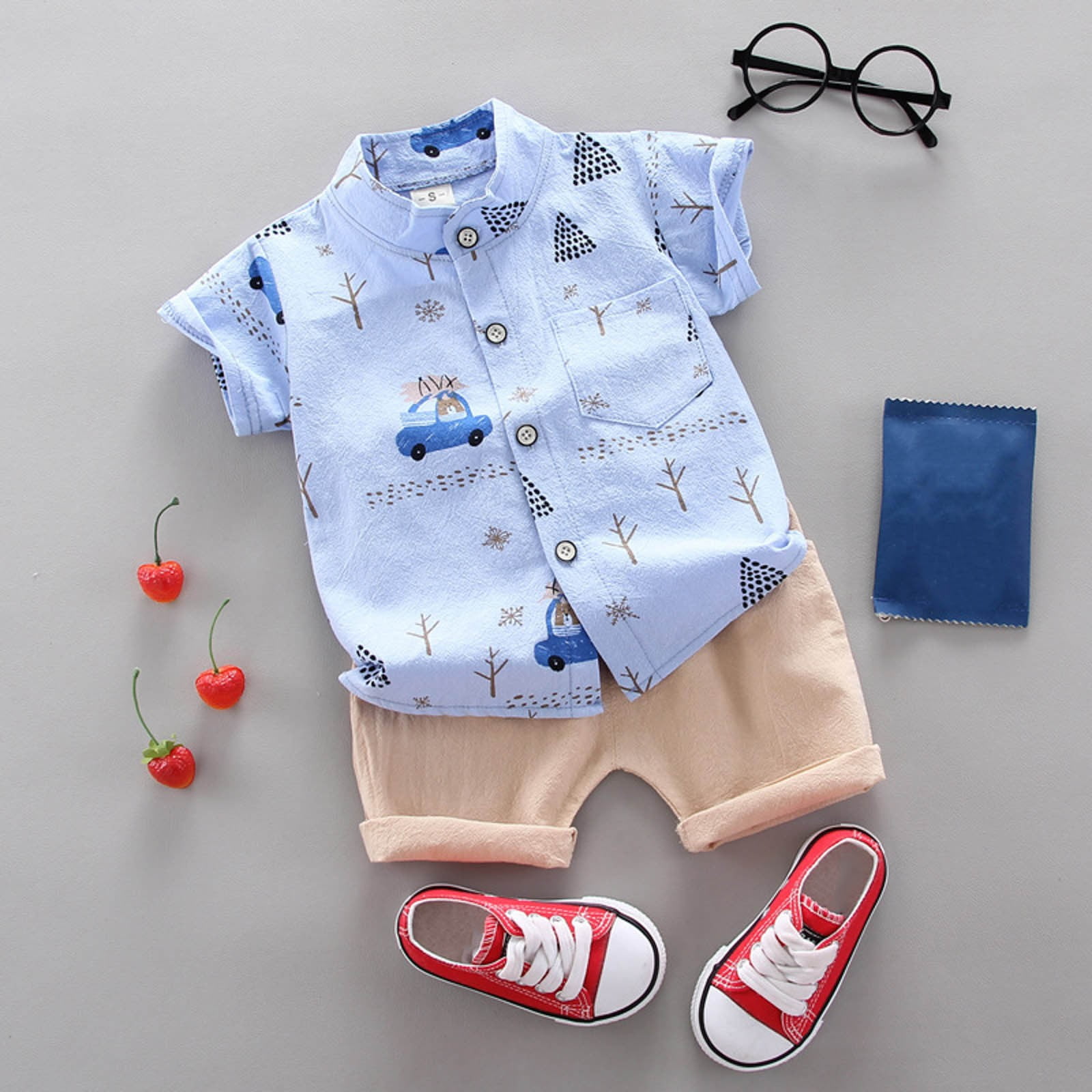 Boys Outfits 2 Piece Lapel Cartoon PAnda Car Print Short Sleeve Button ...