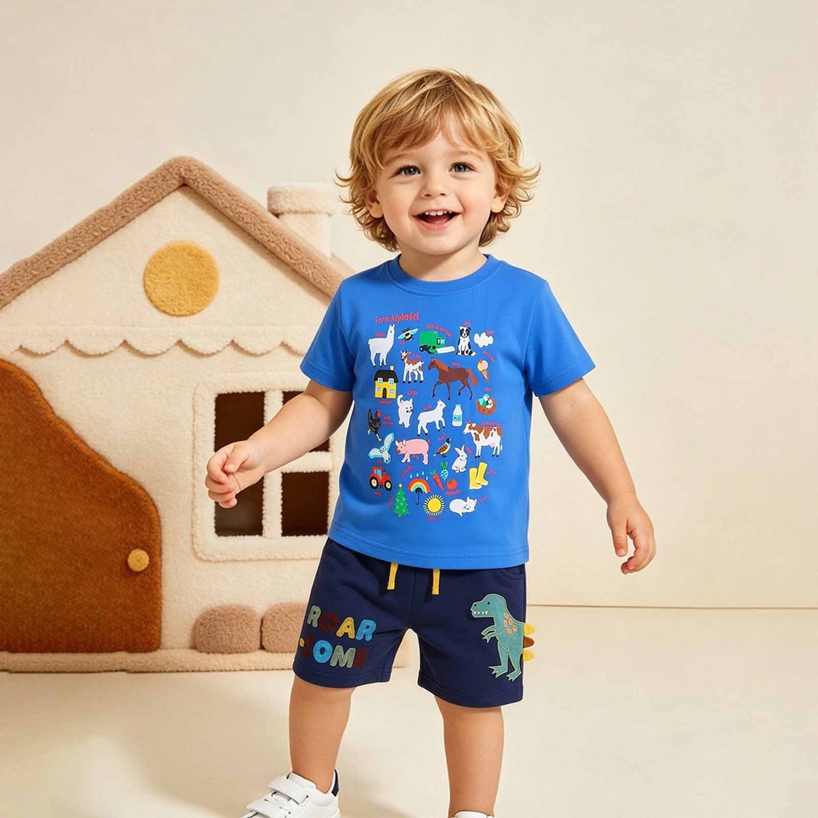 Boys Outfits 2 Piece Short Sleeve Crew Neck Dinosaur Print T Shirt And ...