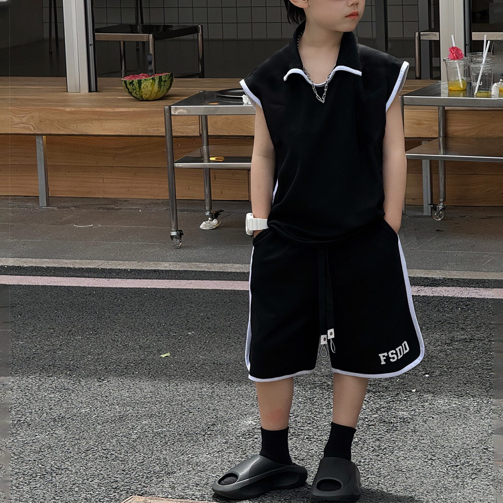 Boys Outfits 2 Piece Solid Print Lapel Sleeveless Tank Top And Shorts ...