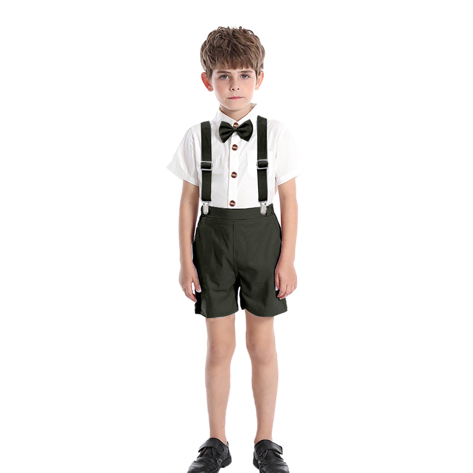 Boys Outfits 4 Piece Solid Print Lapel Short Sleeve Shirt Suspenders ...
