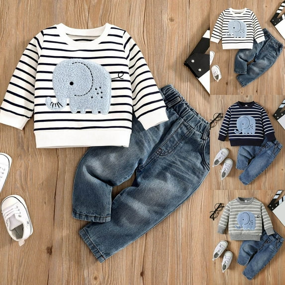 Boys Outfits Elephant Stripe Long Sleeve Top with Denim Pants Soft ...
