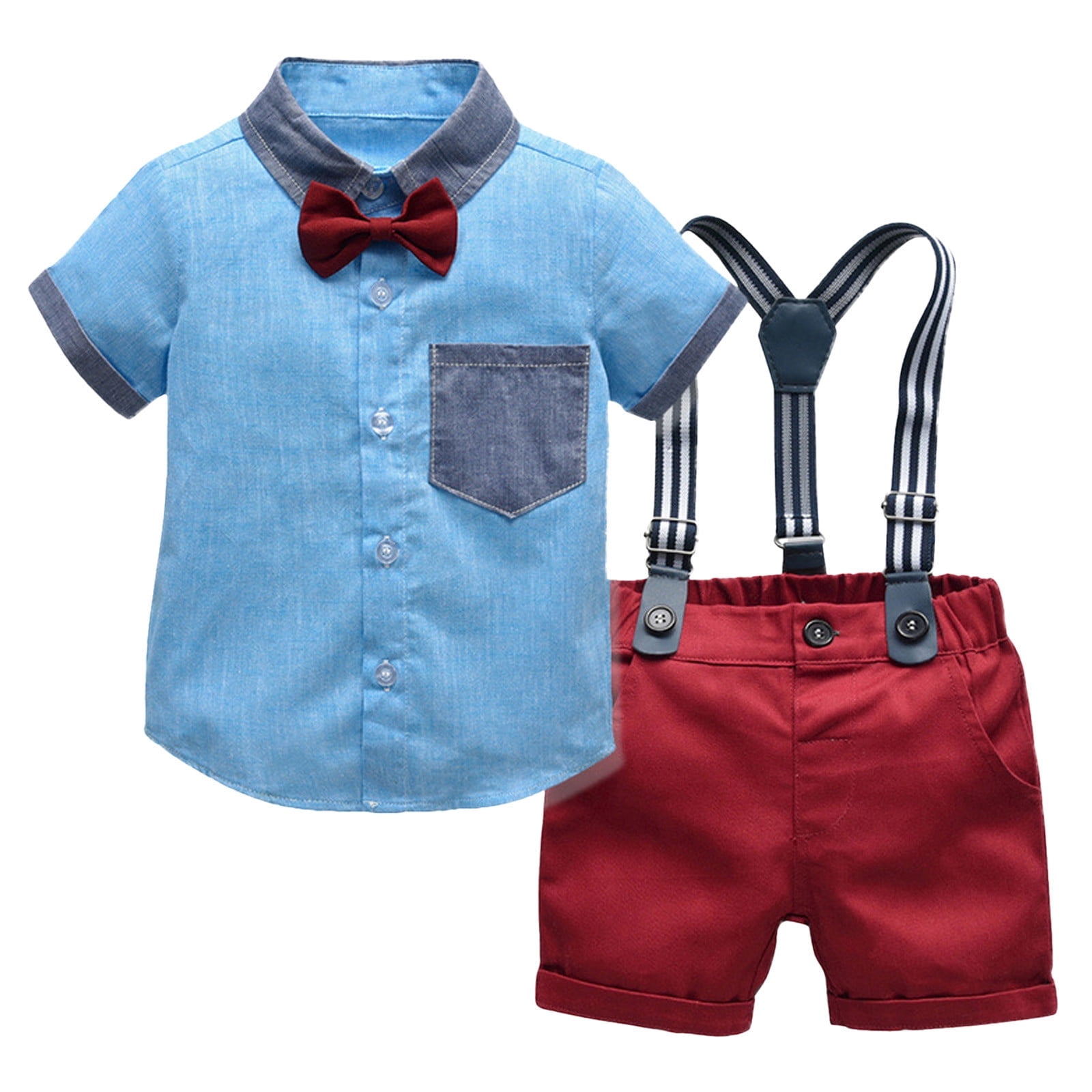 Boys Outfits Kids Gentleman Short Sleeve Shirt Tops Suspenders Shorts ...