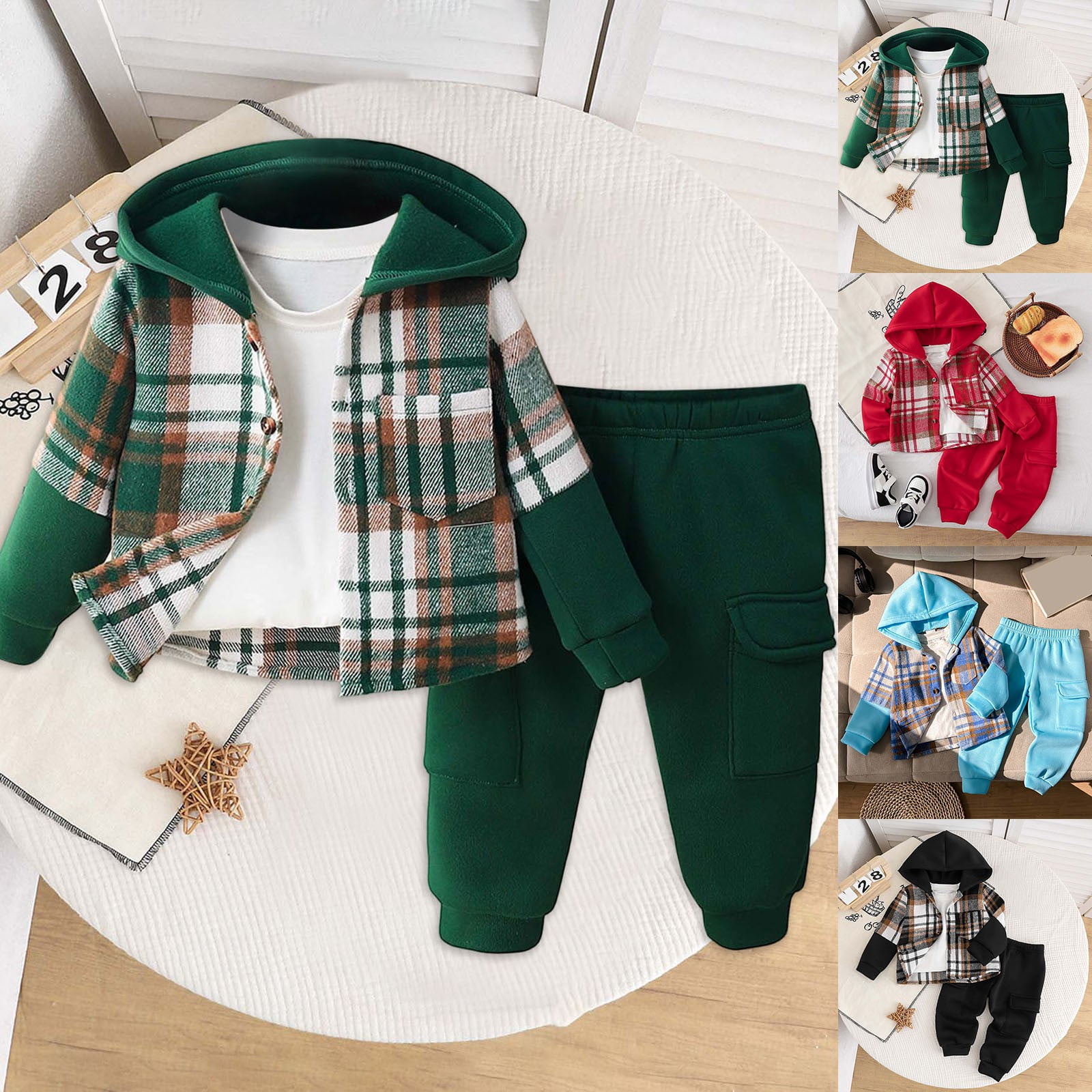 Boys Outfits Long Sleeve Hooded Plaid Sweatshirt Pants Fall Winter Cozy ...