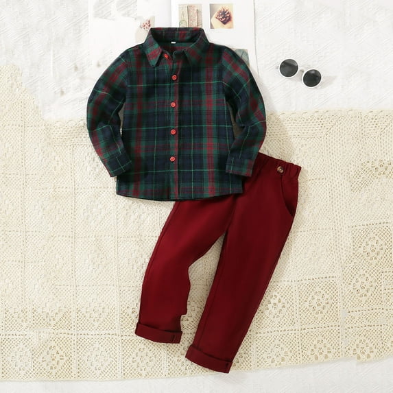 Boys Outfits Plaid Long Sleeve Button Down Shirt Pants Comfortable ...