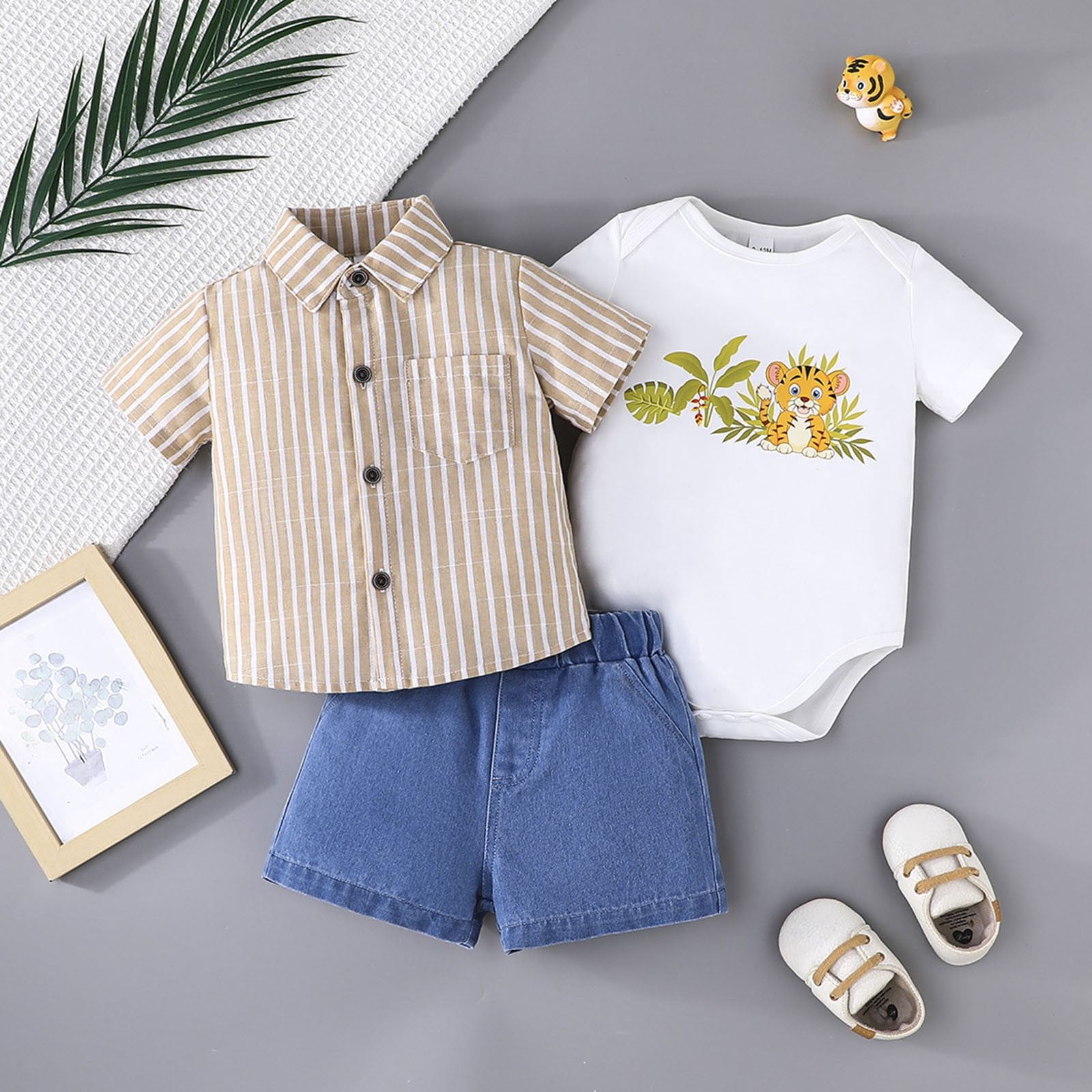 Boys Outfits Striped Short Sleeve Romper with Cartoon Print and Denim ...